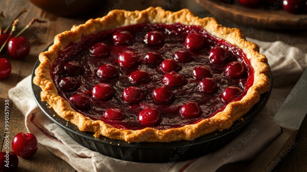 Flavorful red cherry pie with a creamy crust that is covered with ...