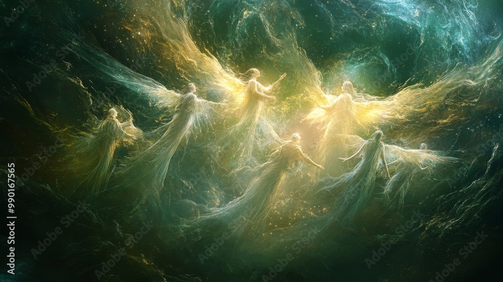 Five ethereal figures with glowing wings emerge from a celestial ...