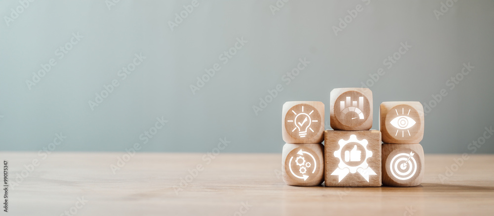 Wooden blocks with icons symbolizing best practices, strategy ...