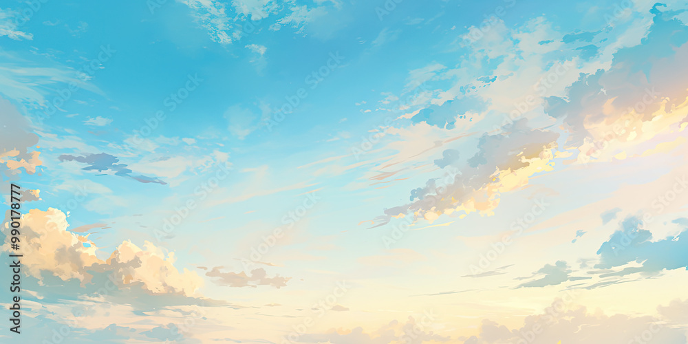 Sunset anime sky background, cartoon style blue skies white clouds ...