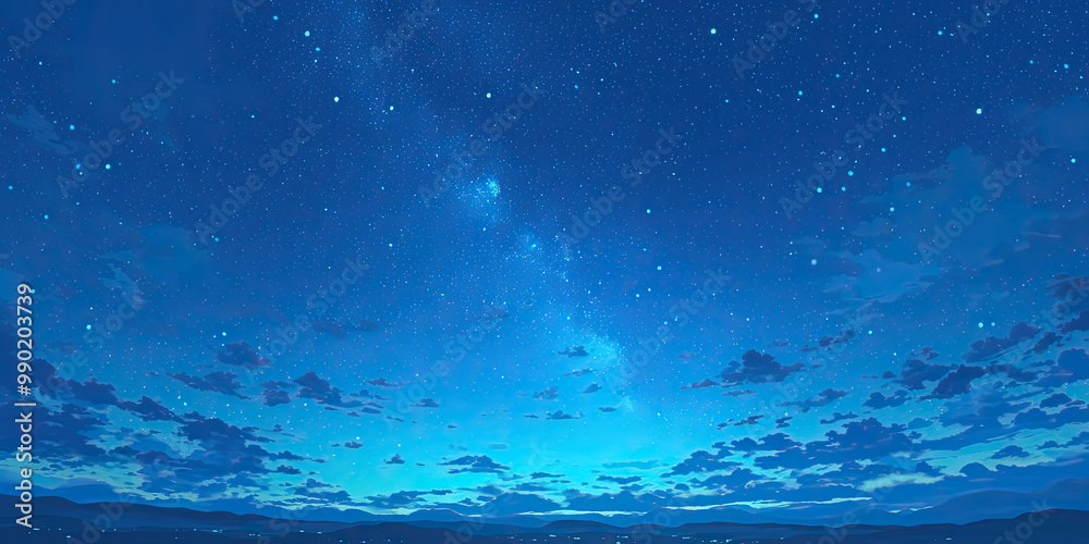 Blue hour anime sky background, stars cartoon style blue skies white ...