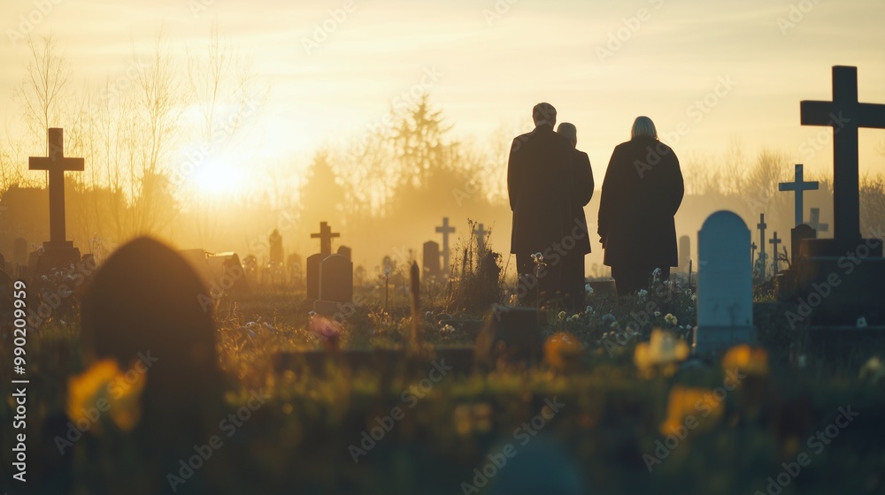 Sad group people grieving in cemetery. People standing at gravestone of ...