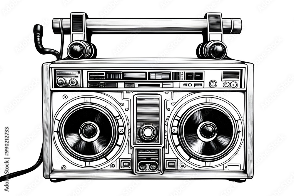 unbranded fictional retro vintage etching, drawing of a ghetto blaster ...