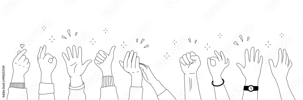 Applause hands set on doodle style. Human hands sketch, scribble arms wave clapping on white ...