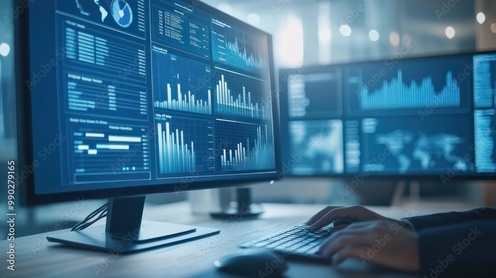 analyst uses computer and dashboard for data business analysis and Data ...