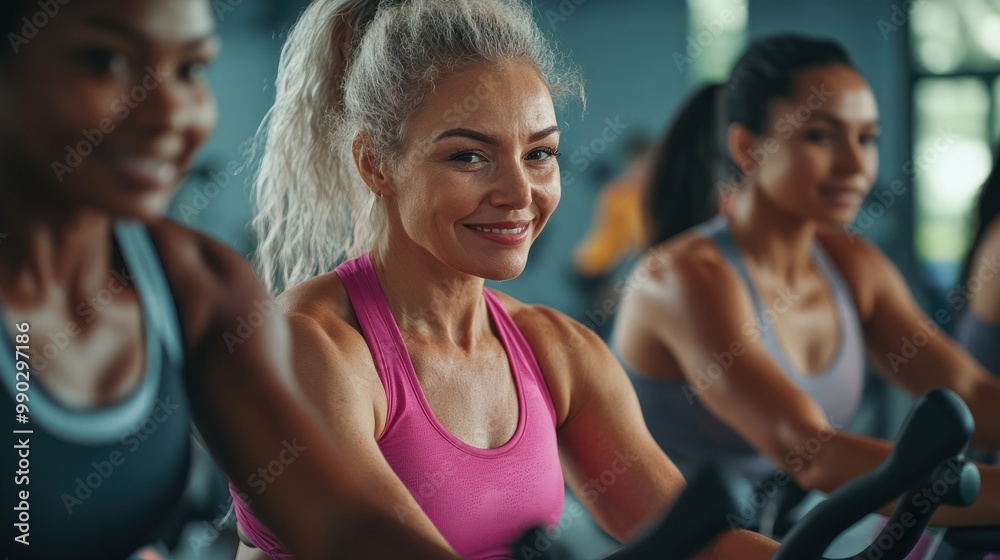 Group of women of different ages and races during cycling workout ...
