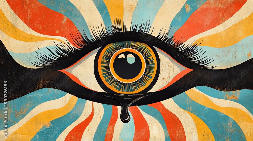 A trippy eye with a tear, designed in a retro style. This poster ...