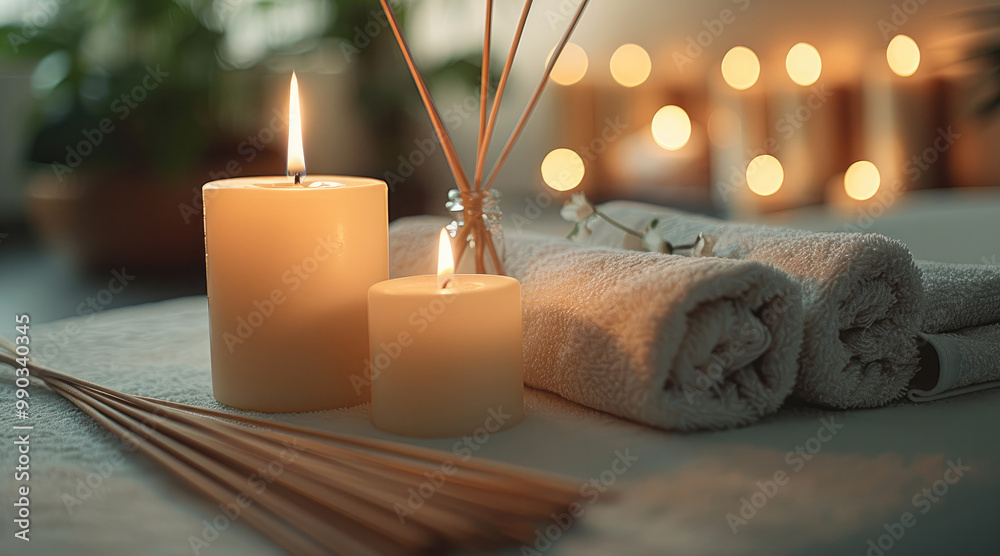 Aromatherapy candles and sticks on the massage table, with a spa ...