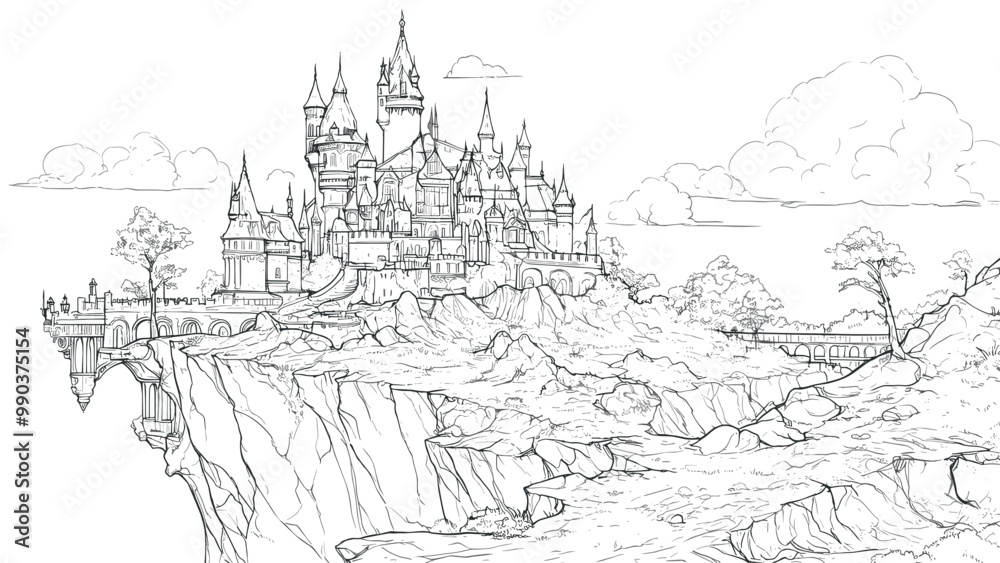 Fairy-Tale Castle on a Beautiful Cliff Coloring Book Page for Kids ...
