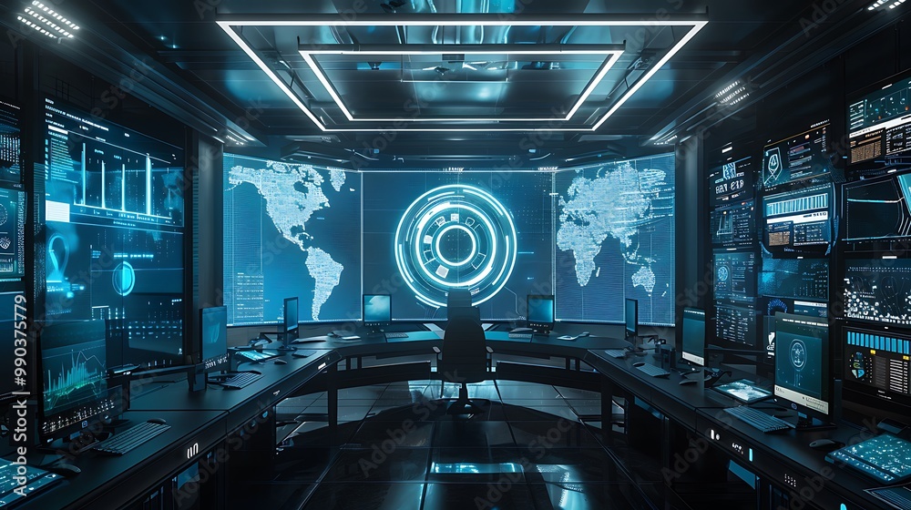 A high-tech office featuring an AI-powered virtual assistant on ...