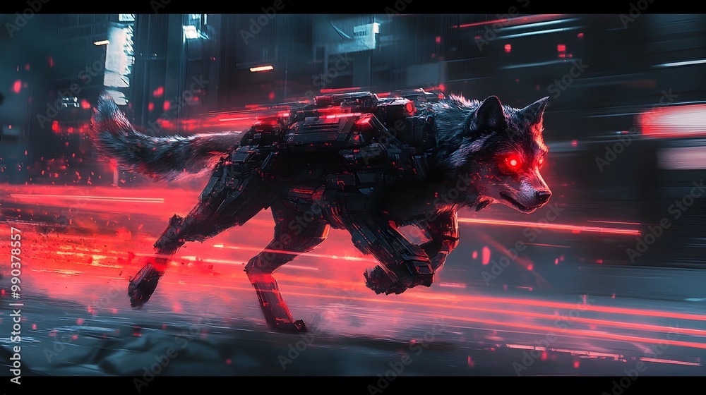 Ilustración de Stock Cyber Wolf Prowling Through Dystopian Cityscape ...