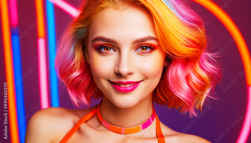 Beautiful female model with beautiful colorful hair, with bright ...