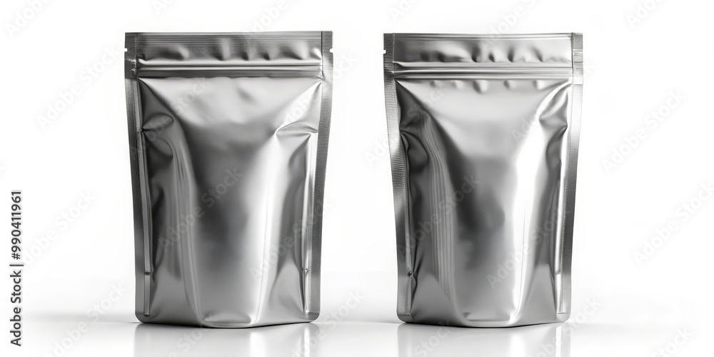 Two Silver Foil Stand Up Pouches with Zipper, Mockup, Packaging ...