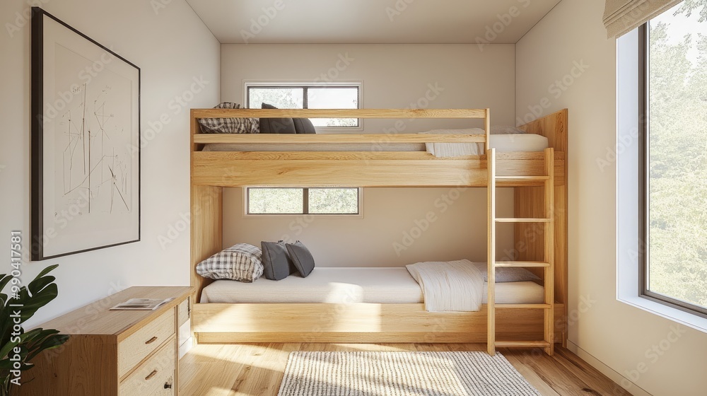 Bedroom with minimalist bunk beds, featuring clean lines and neutral ...
