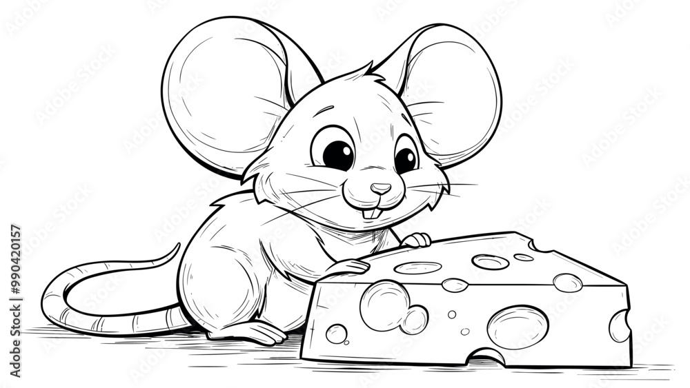 Vector de Stock Mouse Sitting on a Piece of Cheese Coloring Book Page ...