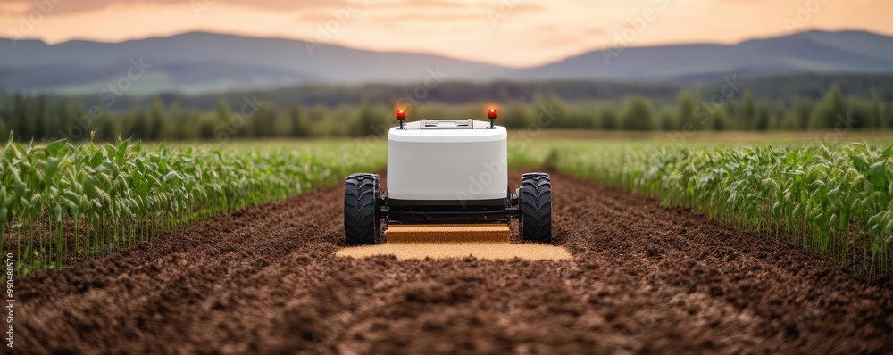 Autonomous farming vehicle sowing grain seeds into freshly tilled soil ...