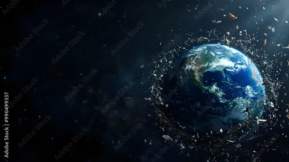 Garbage Floating in Space Orbiting Earth as a Ring of Debris Showcasing ...