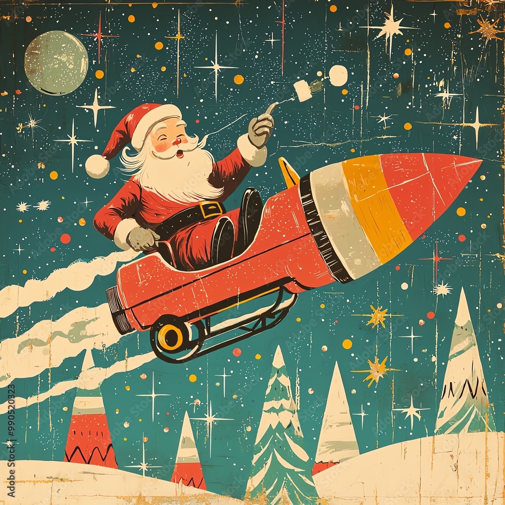 Vintage-style Santa Claus illustration riding a rocket sleigh in a ...