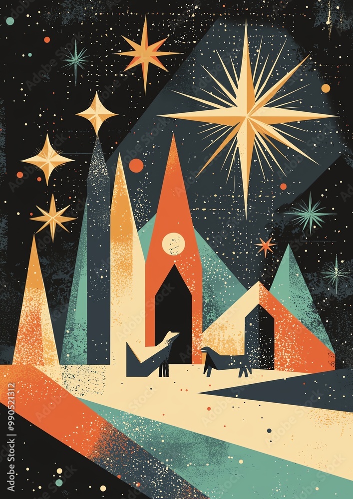 Retro Christmas card design featuring a stylized nativity scene with ...