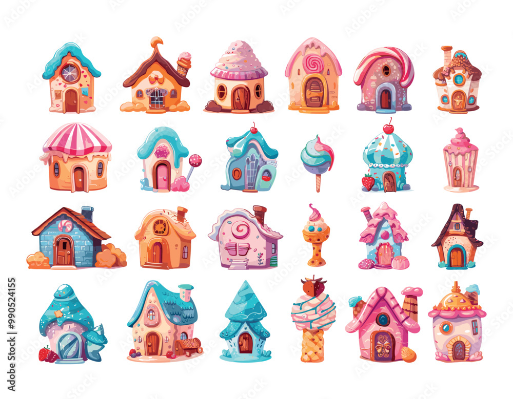 Candy houses cartoon vector set. Sweets caramel cake cream cookie ...