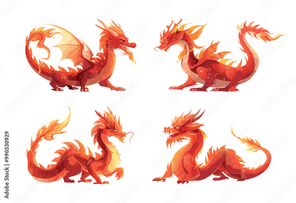 Chinese dragon cartoon vector set. Flying magic serpent creature with ...