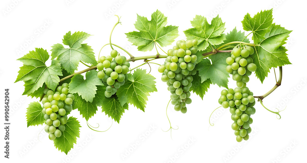 A bunch of green grape trees with leaves and green grapes are hanging on a transparent ...