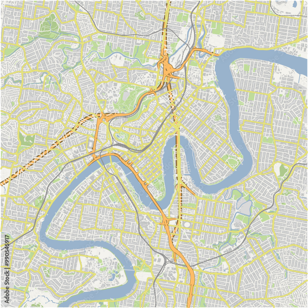 Map of Brisbane center in Australia in a normal road map style ...