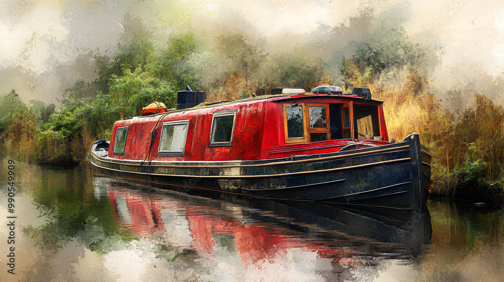 Traditional tole painting of a red canal boat or narrow boat with ...