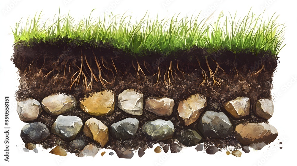 3. **Depict a scientific cross-section of soil layers, including ...