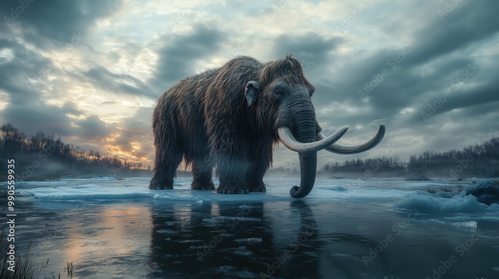 Woolly mammoth standing on an ice floe in a frozen landscape, under a ...