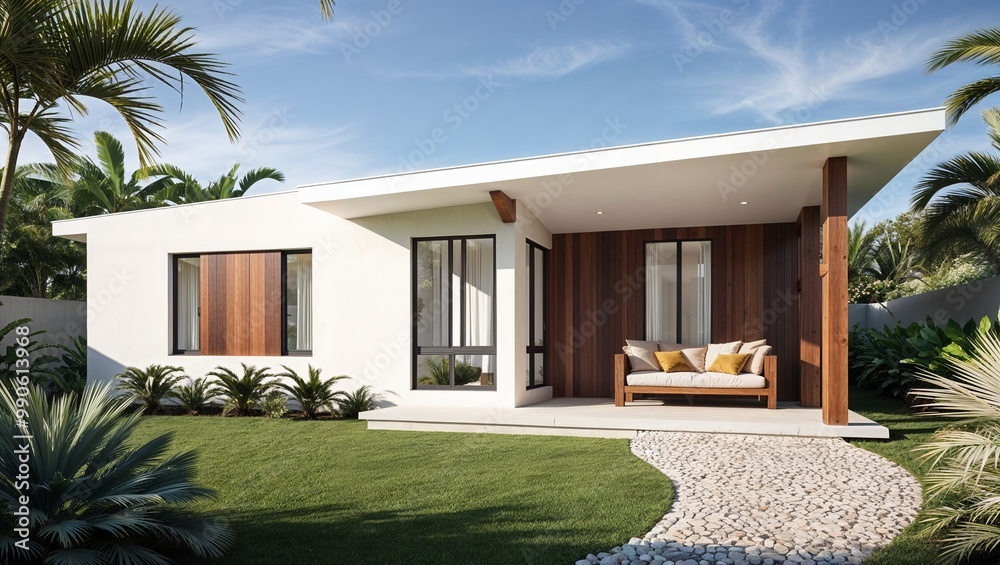 minimalist single-story house with a sleek, angular roof design ...