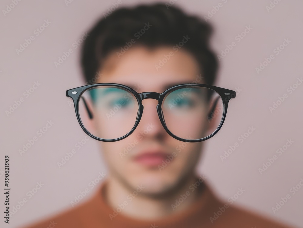 Man holding a pair of glasses in front of him, showing a clear world ...