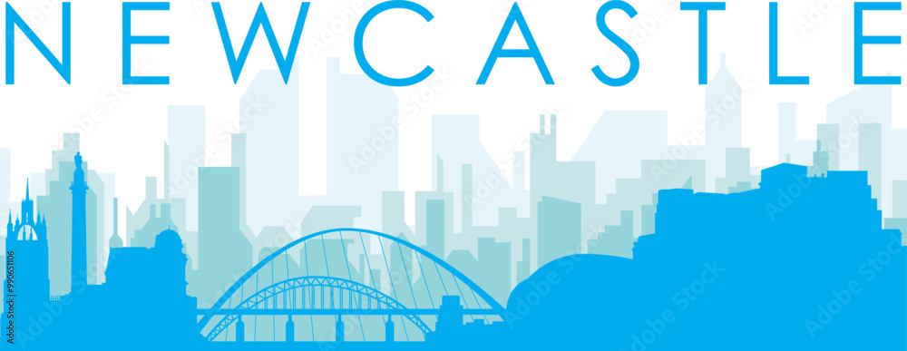 Blue panoramic city skyline poster with bluish misty transparent ...