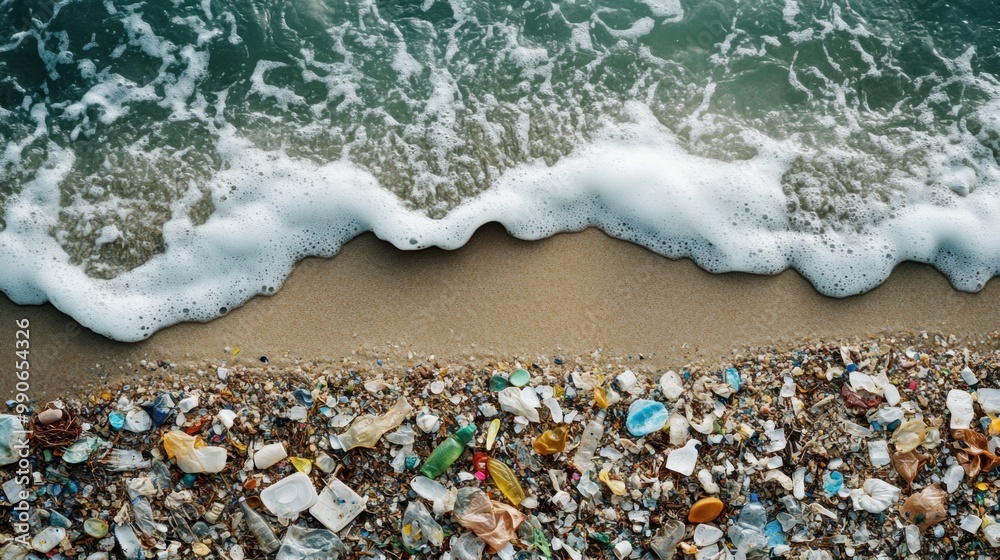 Beach filled with washed-up plastic debris as the waves push more waste ...