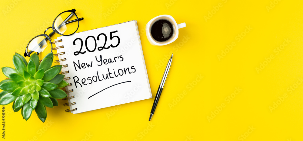 New year resolutions 2025 on desk. 2025 resolutions list with notebook ...