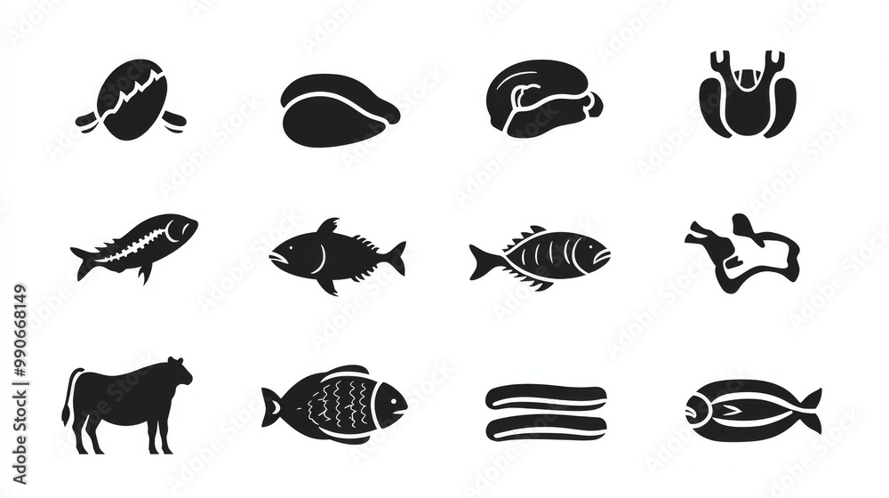 This set showcases an array of solid icons depicting popular meats such ...