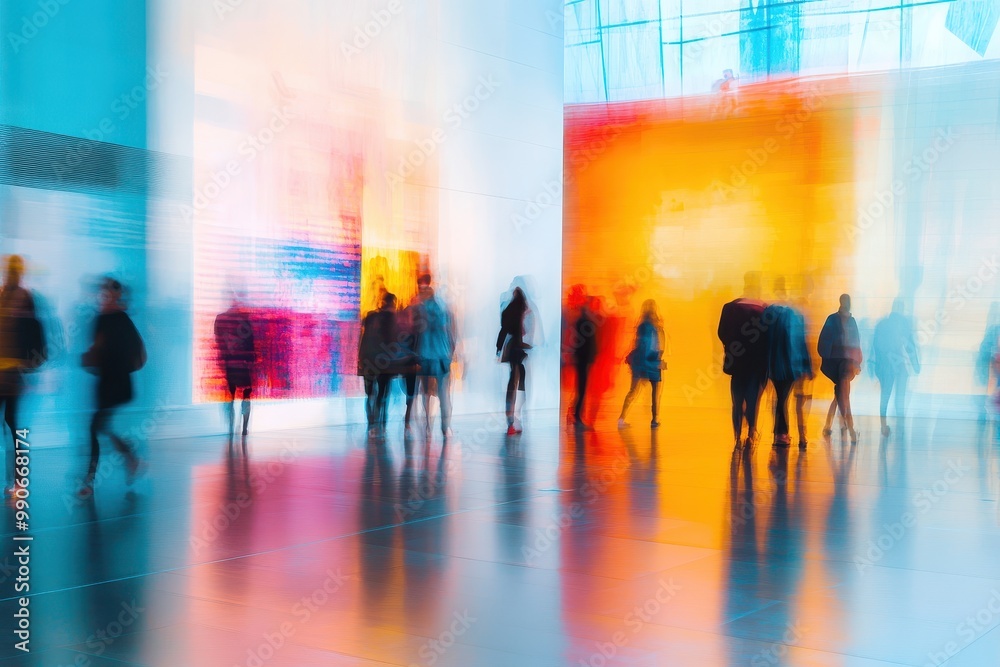 Foto de Stock Blurred figures in a modern art center lobby | Adobe Stock