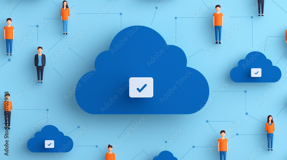 Digital illustration of cloud storage connecting multiple users across ...