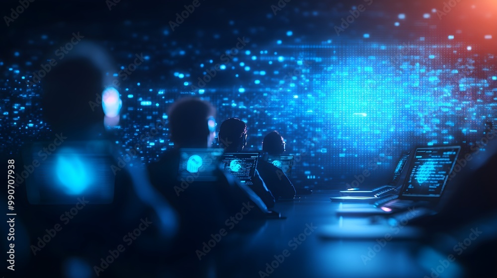 Students in a classroom surrounded by virtual hacking symbols and data ...