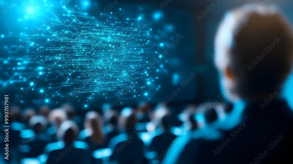 Students in a classroom surrounded by virtual hacking symbols and data ...