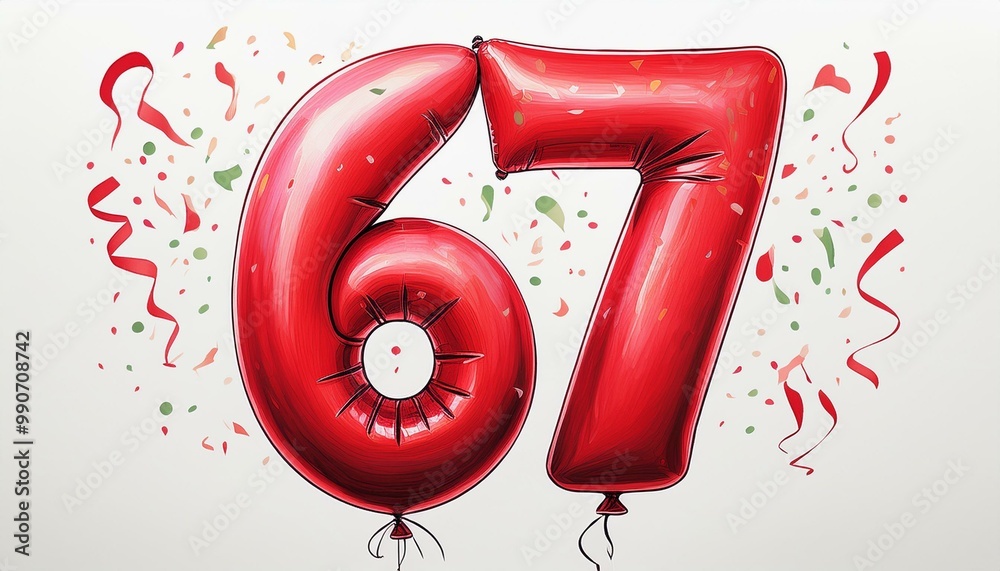 Red birthday / anniversary balloon, number 67, white background with ...