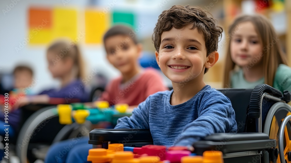 Diverse children in wheelchairs at a rehabilitation school, engaged in ...