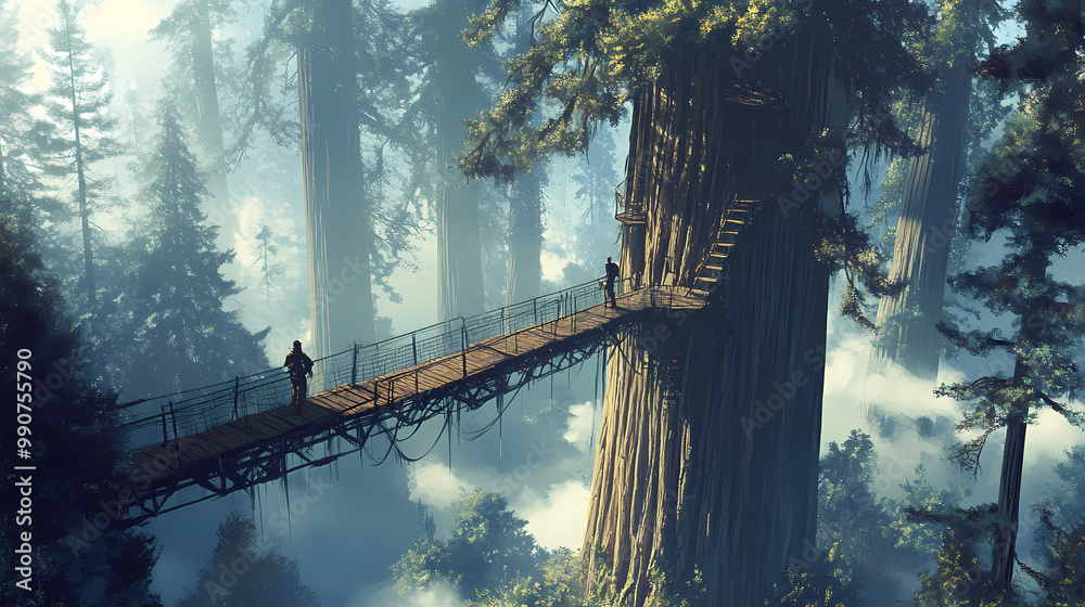 Adventurous explorer ascending a giant redwood tree using a ...