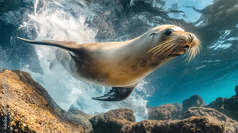 Extinct Japanese sea lion swimming underwater, rare pinniped species in ...