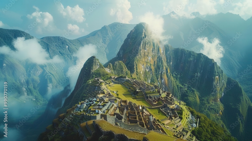 Bird's-eye perspective of Machu Picchu, ancient ruins, lush mountains ...