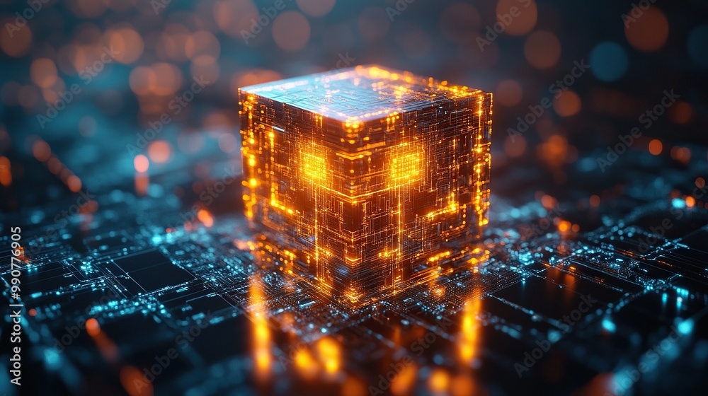 A digital concept of a cube encoder, symbolizing technological ...