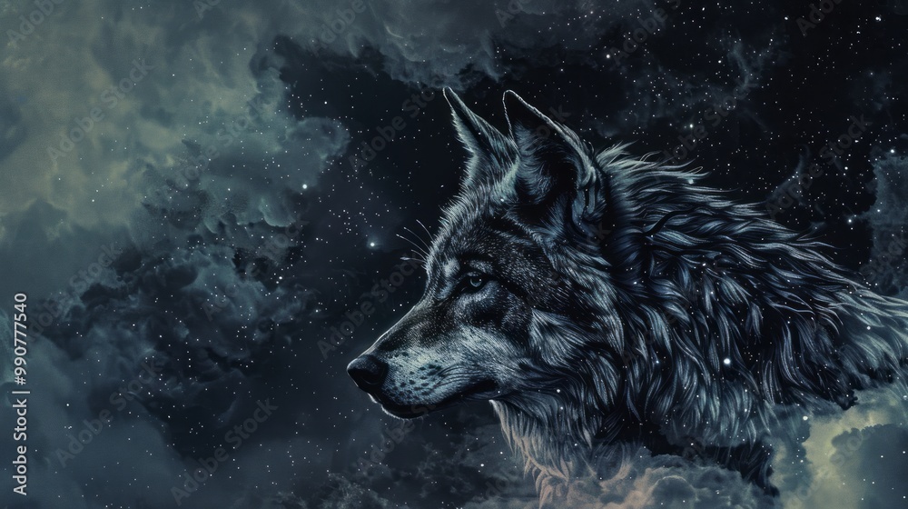 Majestic cosmic wolf with intense gaze in a mystical outer space ...