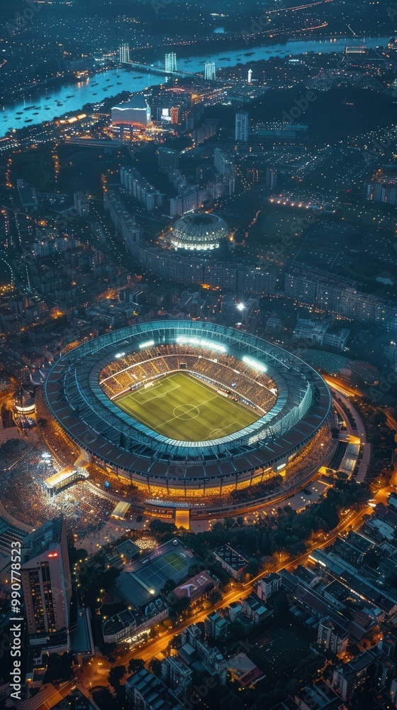 Ultra-modern stadium, bustling city, night lights, bird's-eye view ...