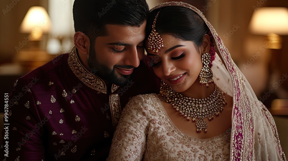 Intimate portrait of a traditional Indian couple in warm lighting ...