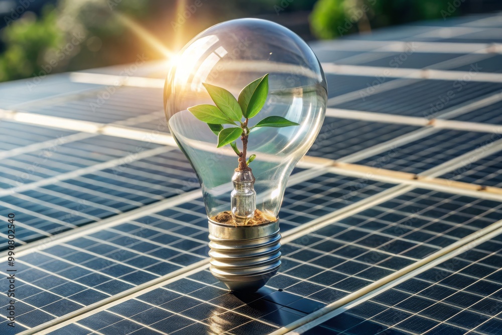 Light Bulb and Solar Panel Against Sunny Sky for Renewable Energy ...
